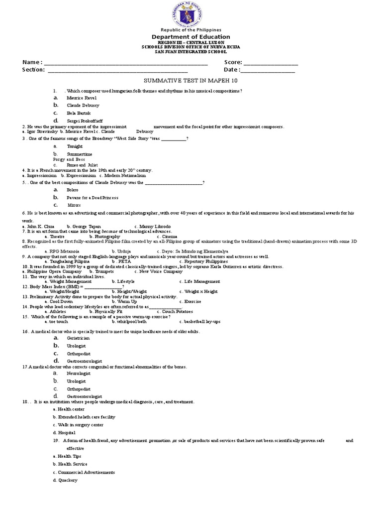 Summative Assessment: A Comprehensive Test on MAPEH (Music, Arts ... Summative Assessment: A Comprehensive Test on MAPEH (Music, Arts ...