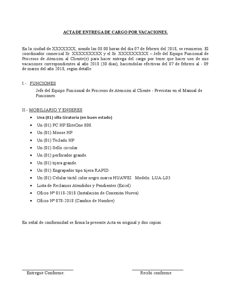 Acta de Entrega de Cargo por Vacaciones | PDF