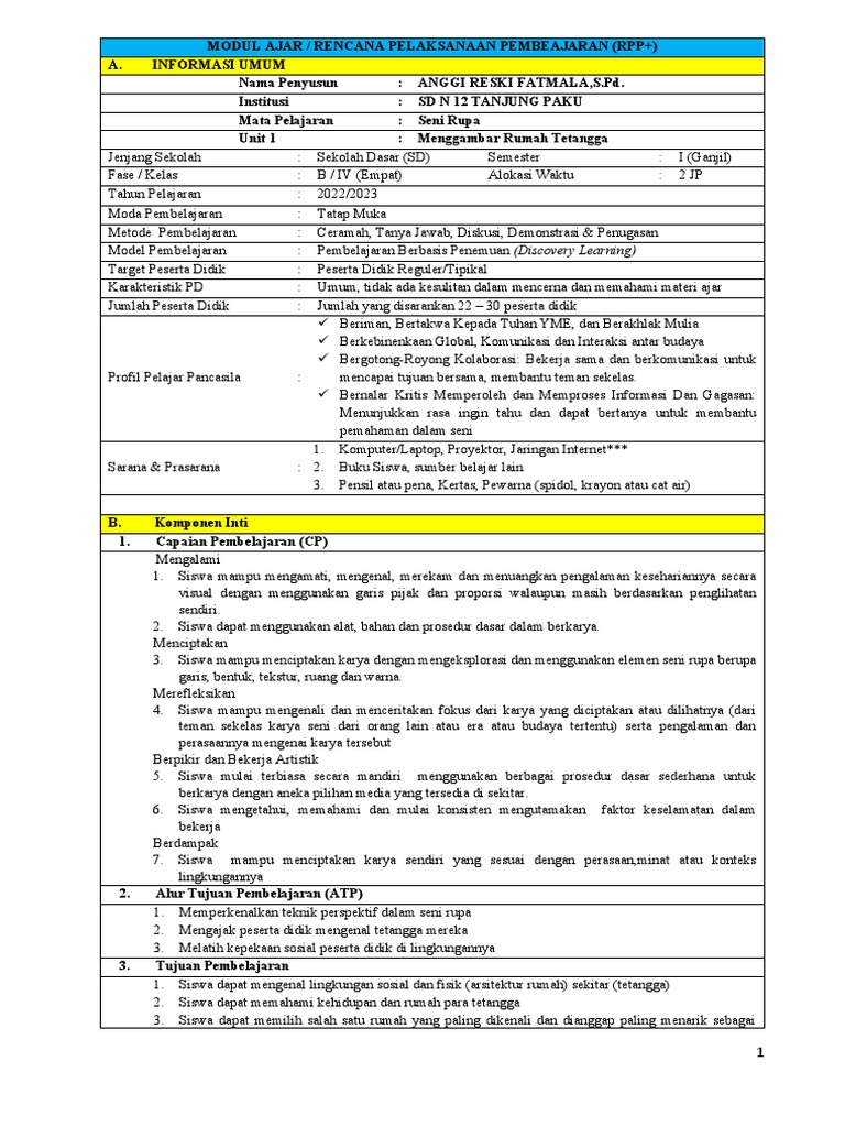 RPP Seni Rupa KLS Iv SMS 1 | PDF