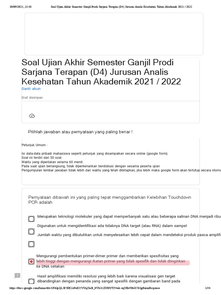 Soal Ujian Akhir Semester Ganjil Prodi Sarjana Terapan (D4) Jurusan Analis Kesehatan Tahun ...
