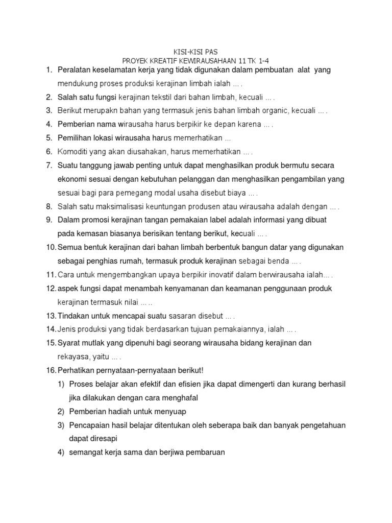 Kisi-Kisi & Latihan Soal Pas PKK Xi KTL 1-4 2022-2023 | PDF | Bisnis