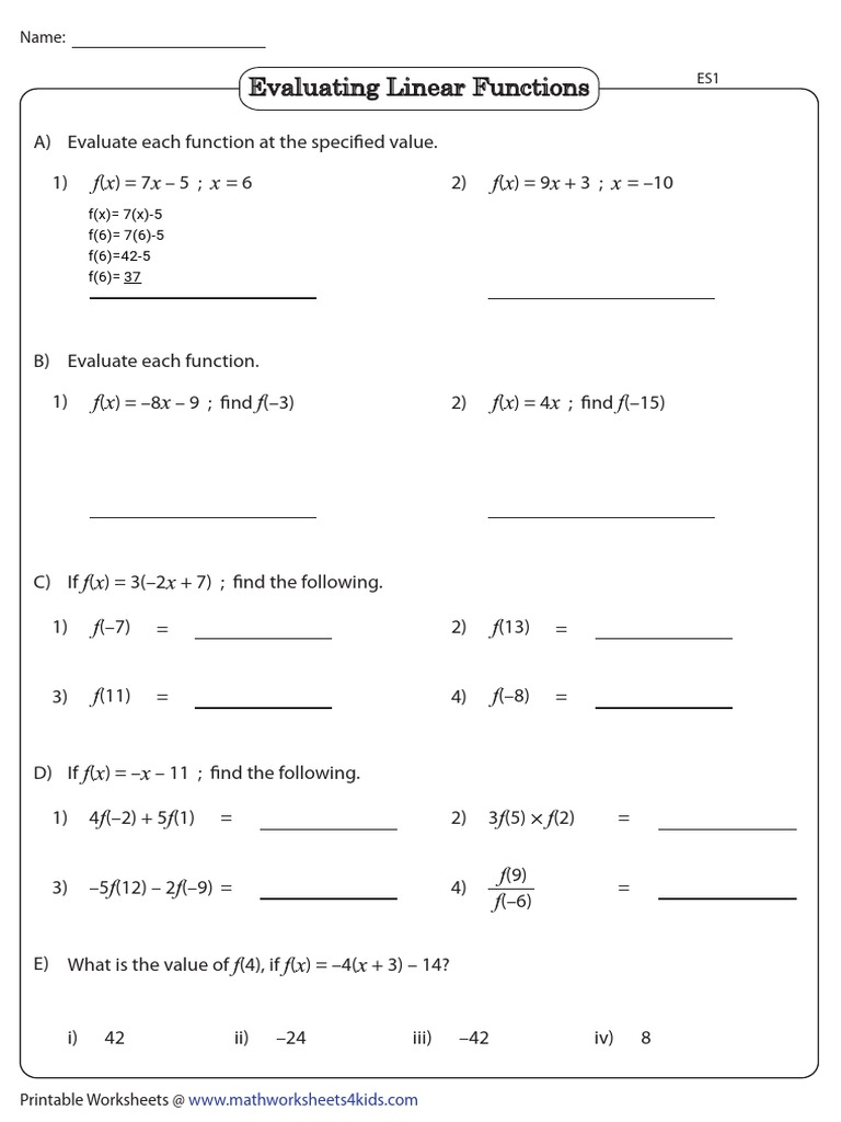 Evaluating Linear Functions Worksheet | PDF