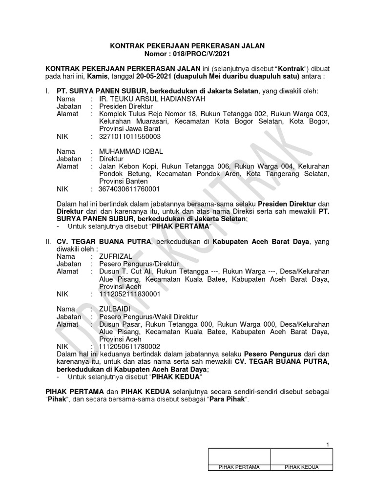 DRAFT Kontrak 018 Perkerasan Jalan PT SPS2 Kepada CV Tegar Buana Putera - SETIO | PDF