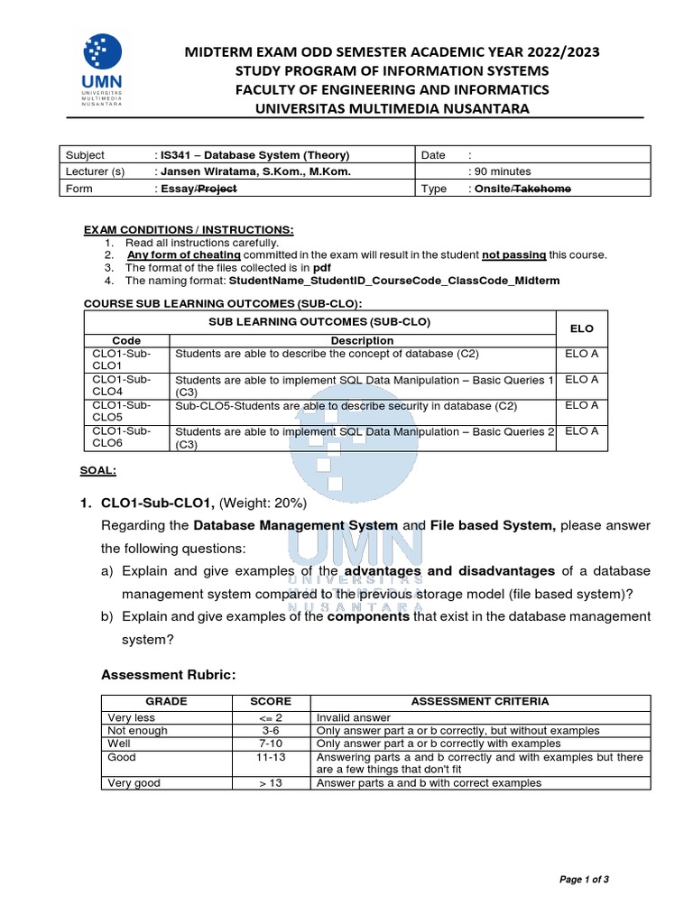 Takehome-Midterm Exam-IS341-Database System (Theory) - Odd 2223 | PDF | Databases | Rubric ...