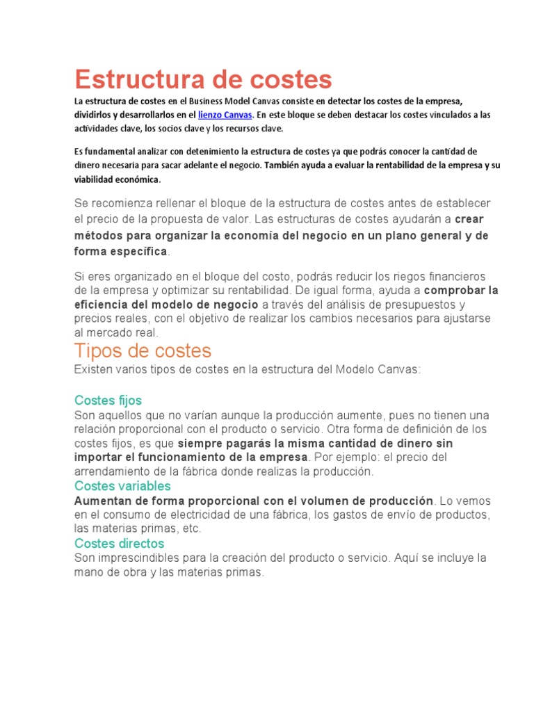 Estructura de Costes en el Modelo Canvas | PDF | Costo | Business