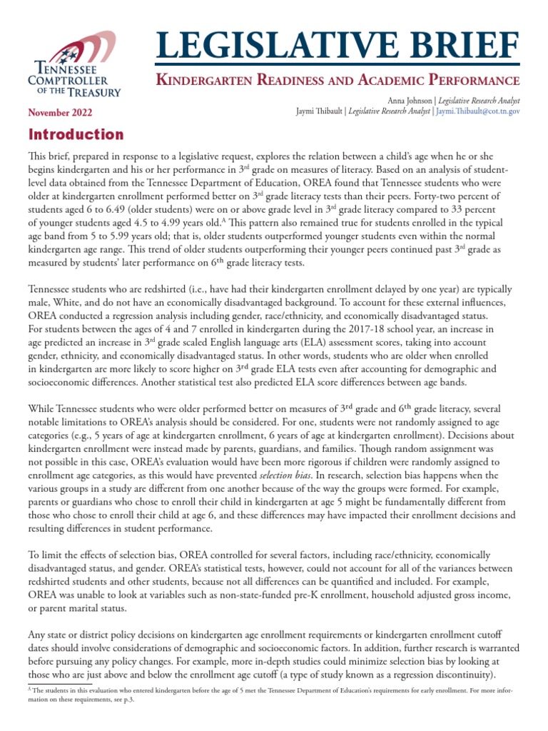 Kindergarten Readiness and Academic Performance Report | PDF | Pre Kindergarten | Literacy