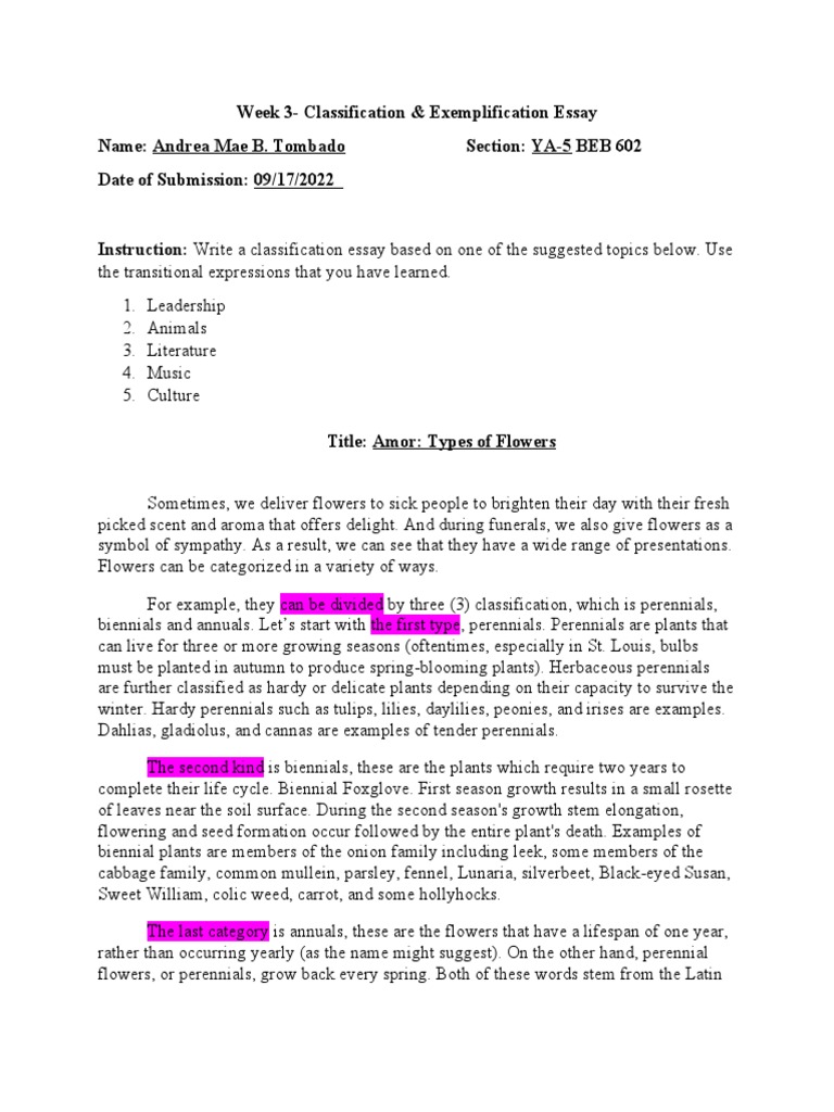 Classification and Exemplification Essay by Tombado, Andrea Mae B. From ...