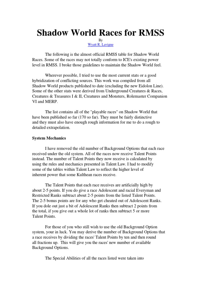 Rolemaster - Shadow World - Races in RMSS | PDF | Gaming | Fantasy