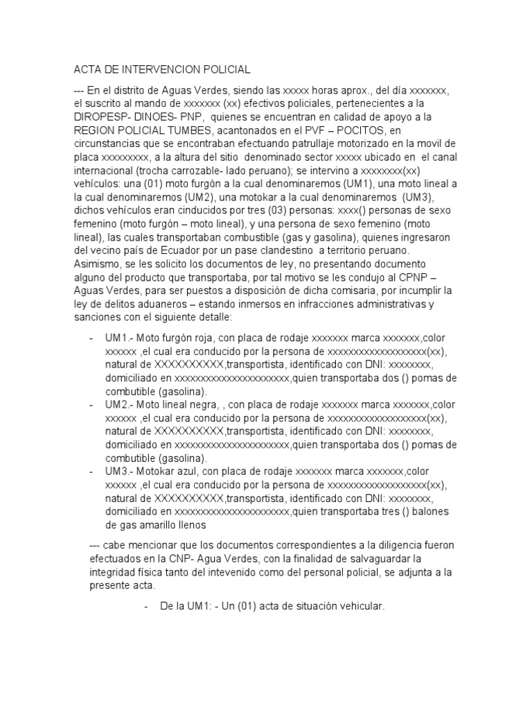 Modelo de Acta de Intervencion Policial | PDF | Ciencias sociales | Derecho