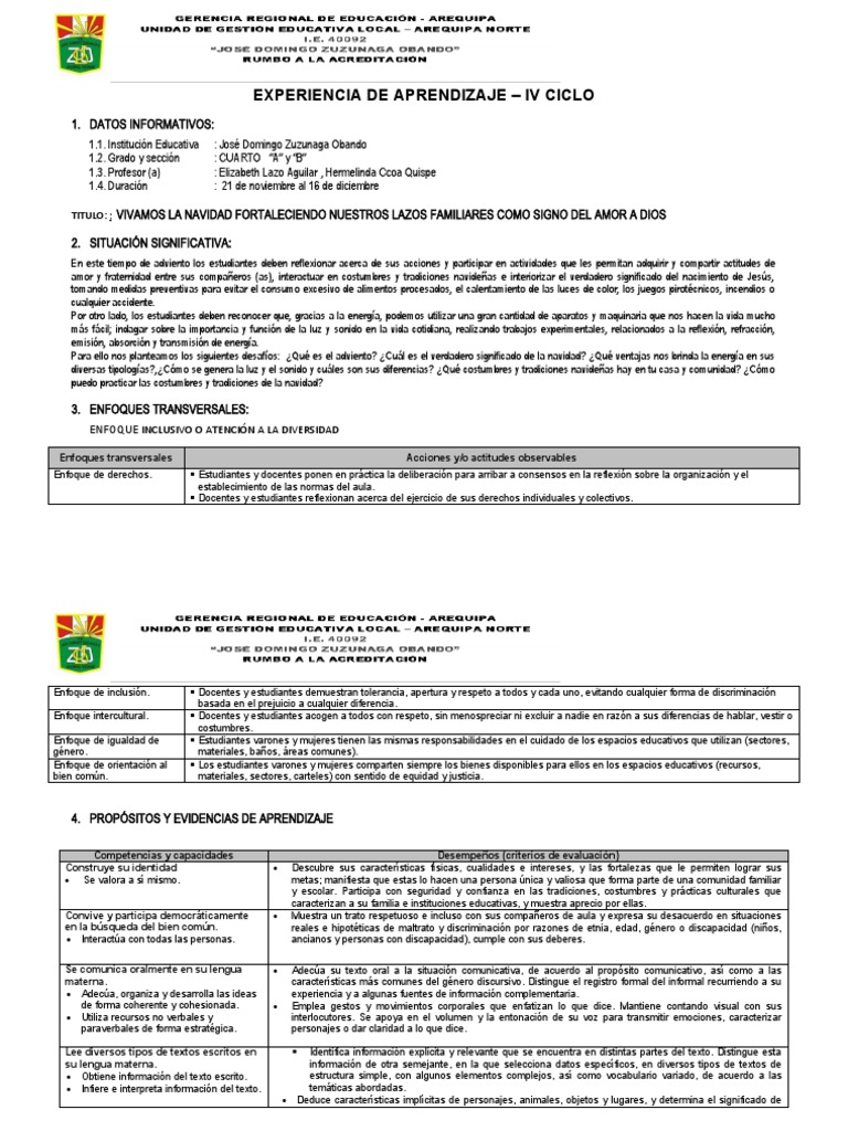 Experiencia De Aprendizaje Cuarto Grado Pdf