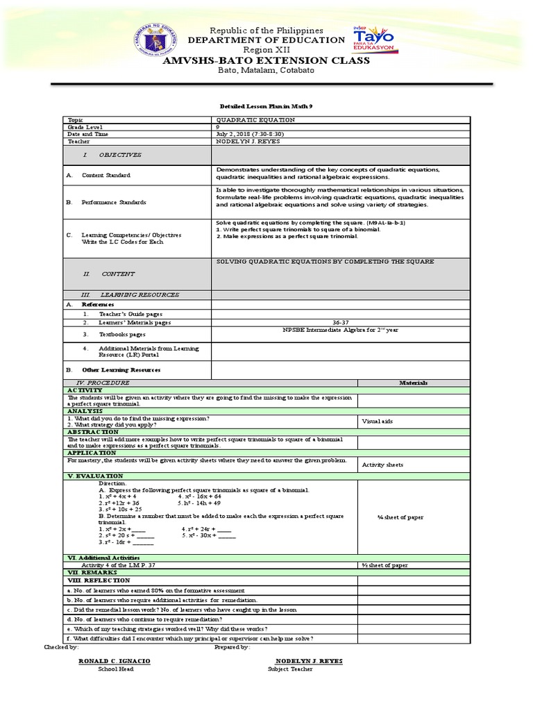 DLP 9 Completing The Square | PDF | Equations | Quadratic Equation
