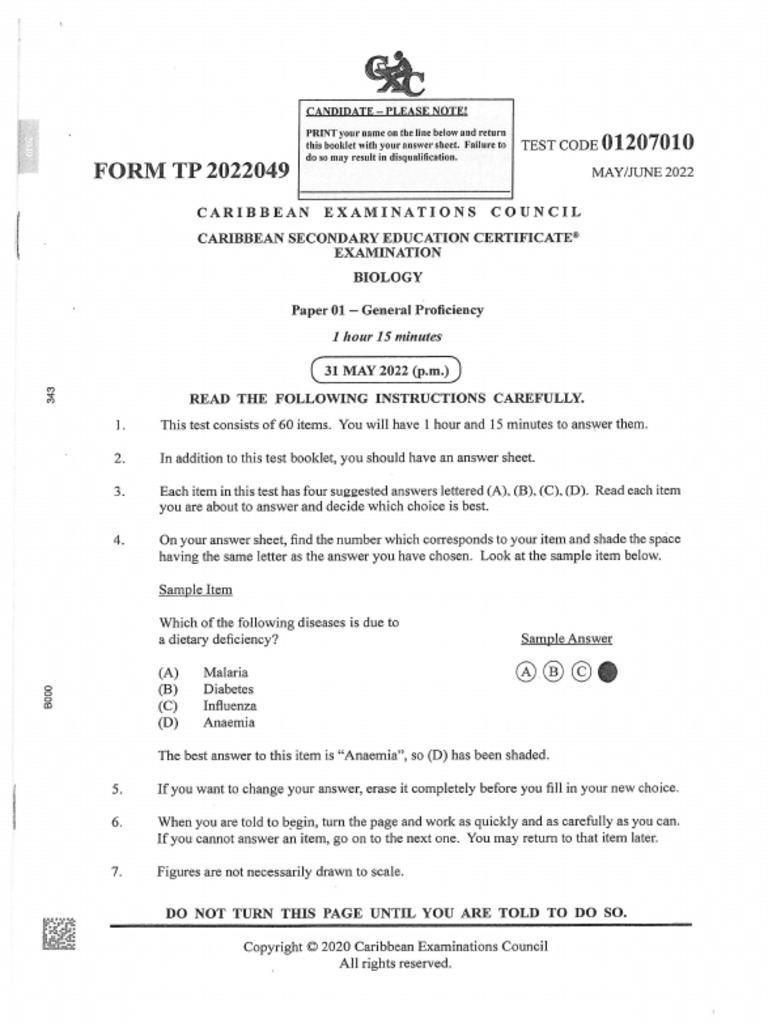 Csec Biology 2022 p1 Solutions | PDF