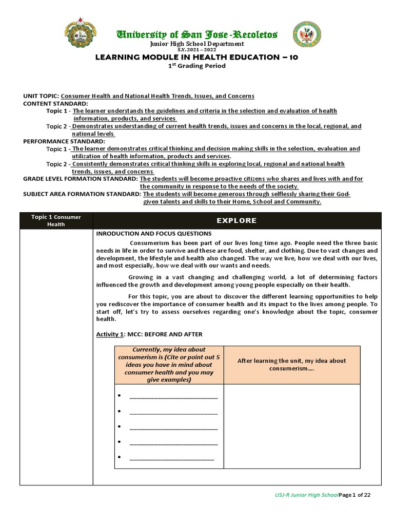 HEALTH10 LEARNING MODULE 1st Grading Students | PDF