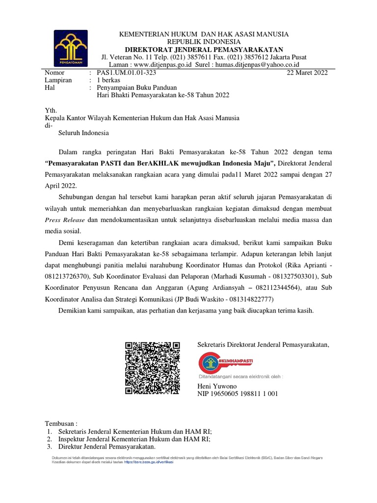 2022-22-03 Surat Sesditjenpas Kepada Ka Kanwil Penyampaian Buku Panduan HBP Ke 58 Oke | PDF