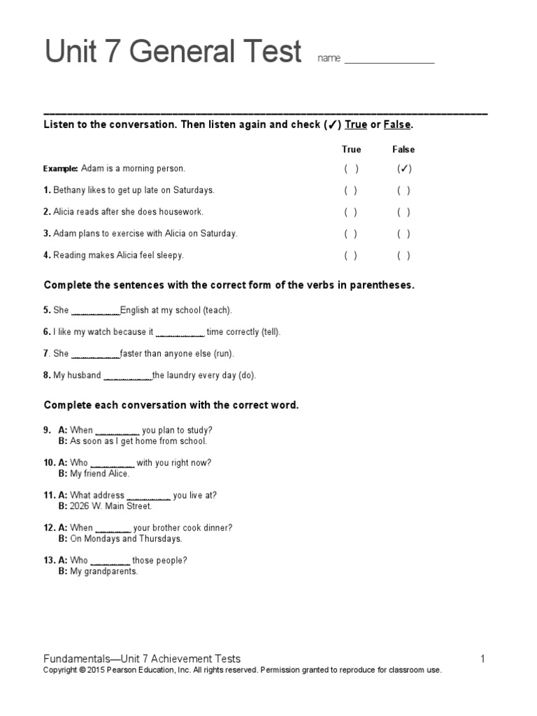 Top Notch Fundamentals Unit 7 Assessment Pdf Grammar Linguistics
