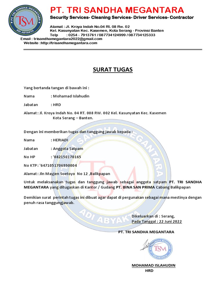 Surat Tugas Anggota Satpam PT. TSM | PDF | Bisnis