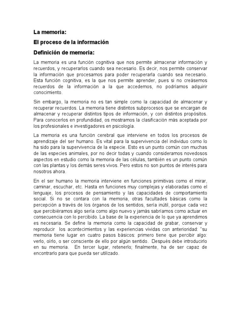 Tipos y Funciones de la Memoria | PDF | Memoria | Aprendizaje