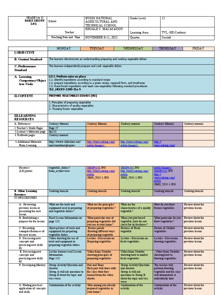 Grade 12 Cookery Lesson Plan | PDF | Learning | Lecture