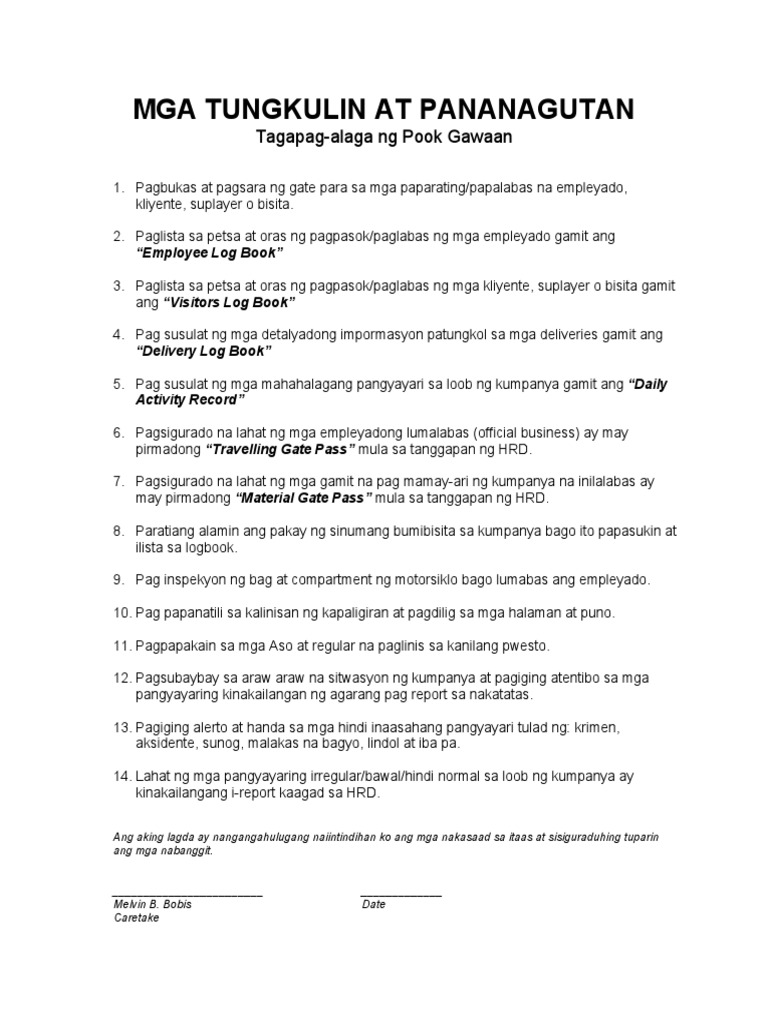 Caretaker Duties | PDF