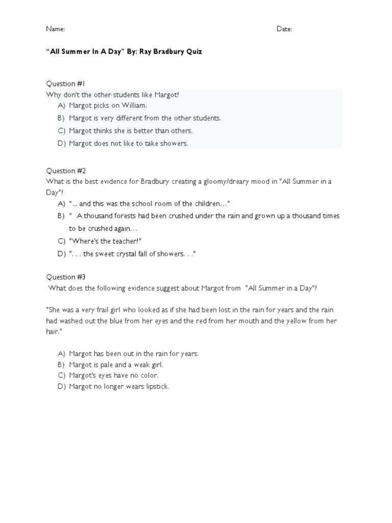 All Summer in A Day Quiz | PDF