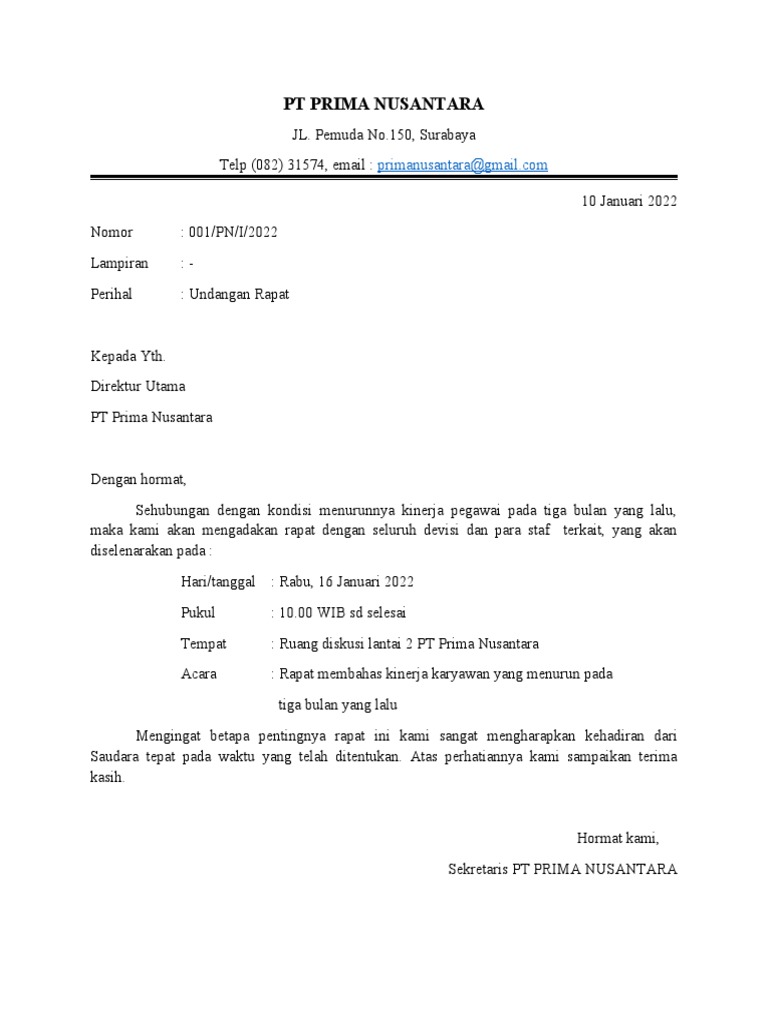 Surat Undangan Rapat PT Prima Nusantara | PDF