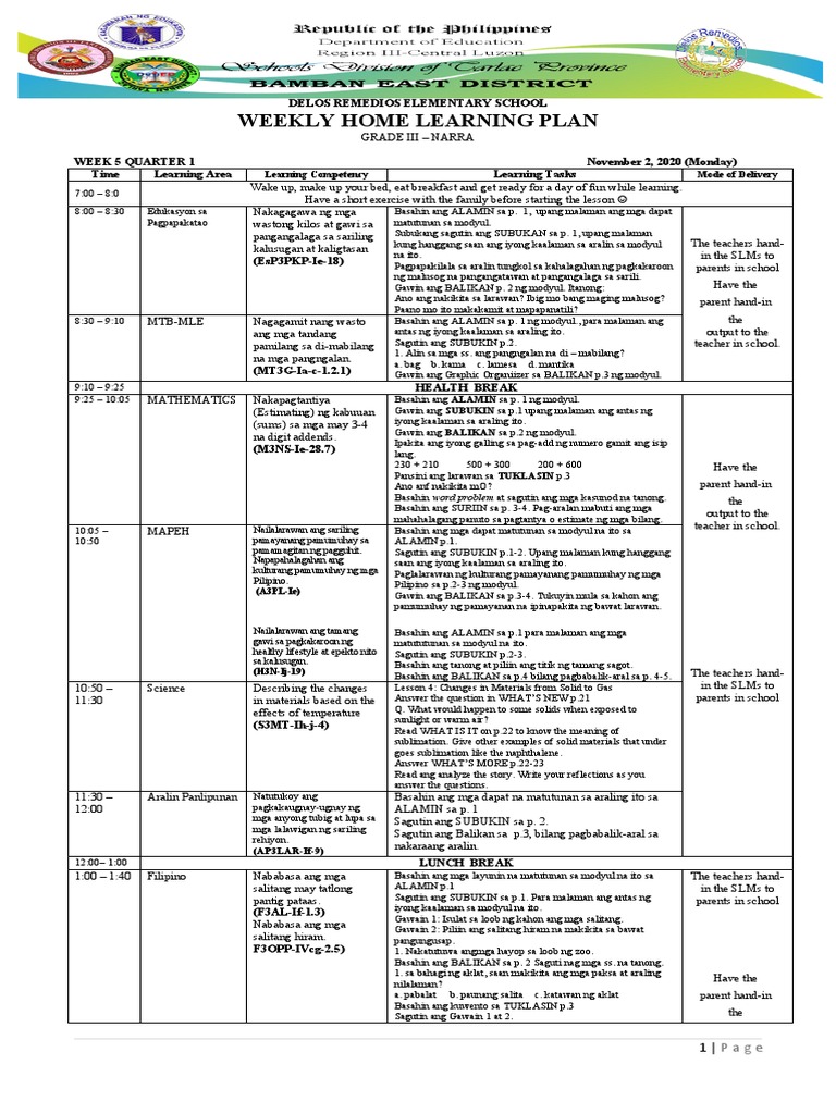 Grade 3 Weekly Learning Plan - Week 5 | PDF | Wellness