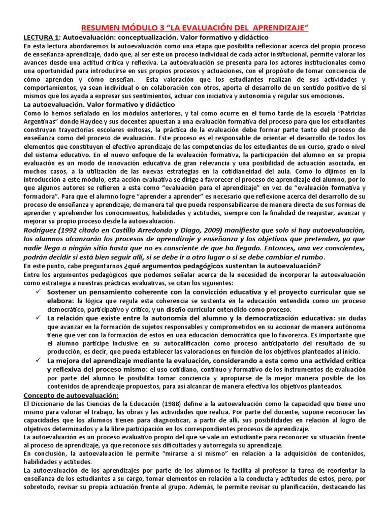 Resumen Modulo 3 y 4 La Evaluacin Del Aprendizaje | PDF | Evaluación | Aprendizaje