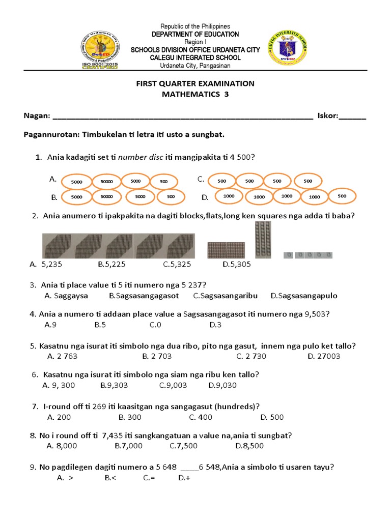 1st Quarter Summative Test Mathematics 3 | PDF