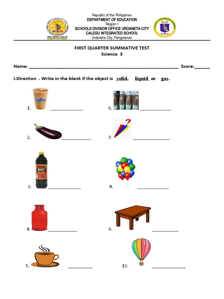 1st Quarter Summative Test Science 3 | PDF | Liquids | Water