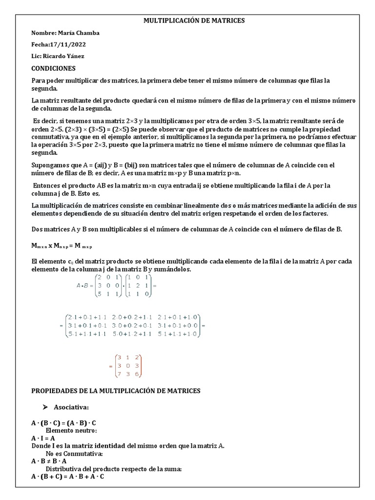 Multiplicación de Matrices | Descargar gratis PDF | Matriz (Matemáticas ...