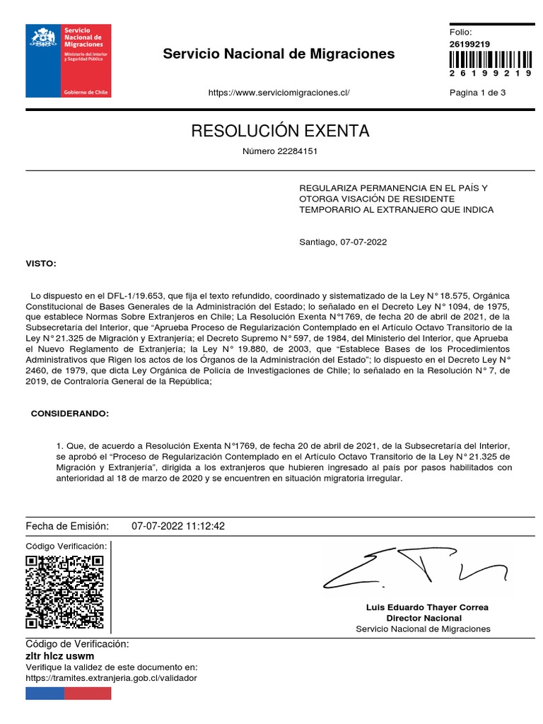 Resolución Exenta: Servicio Nacional de Migraciones | PDF | Gobierno ...