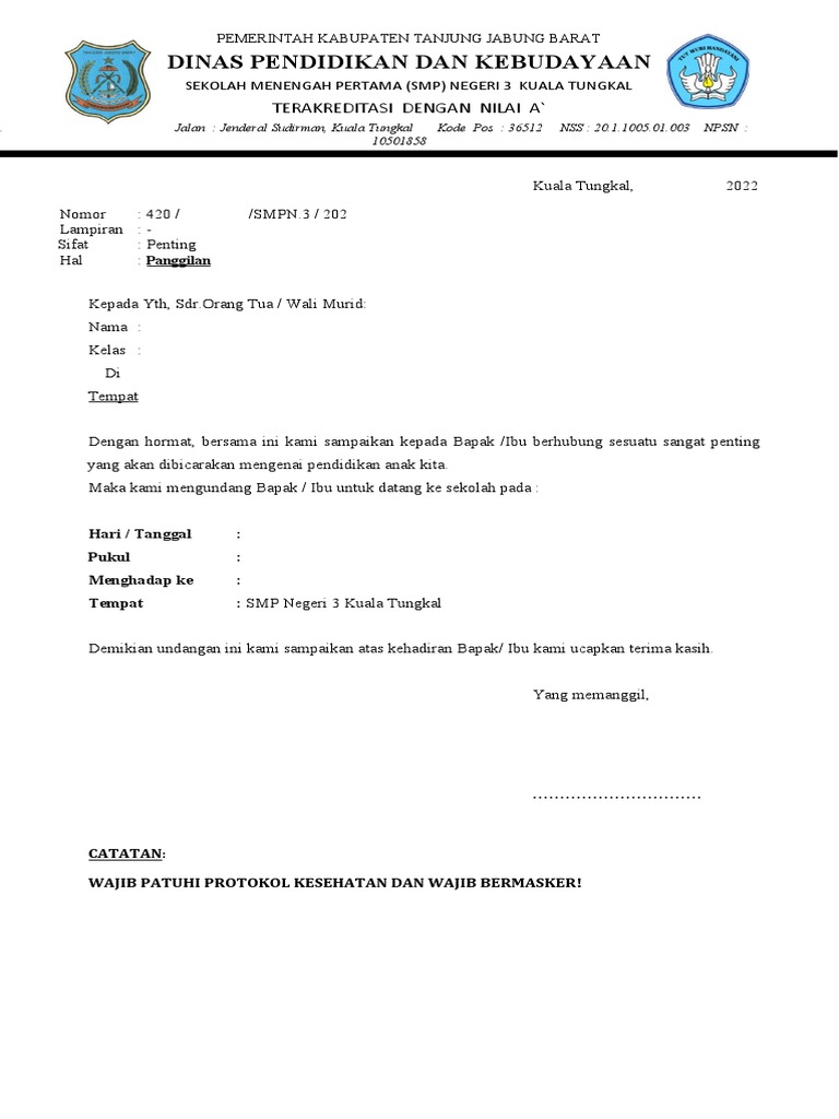Surat Panggilan Siswa | PDF