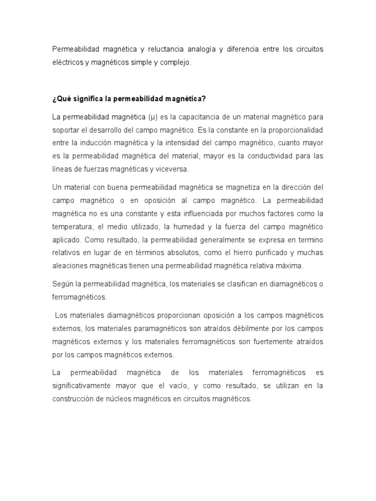 Permeabilidad Magnética y Reluctancia Analogía y Diferencia Entre Los Circuitos Eléctricos y ...