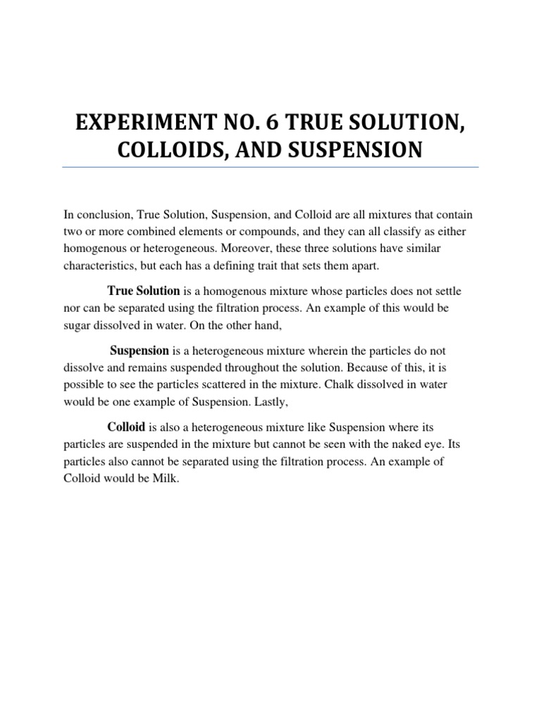 Experiment No.6 TRUE SOLUTION COLLOIDS AND SUSPENSION | PDF