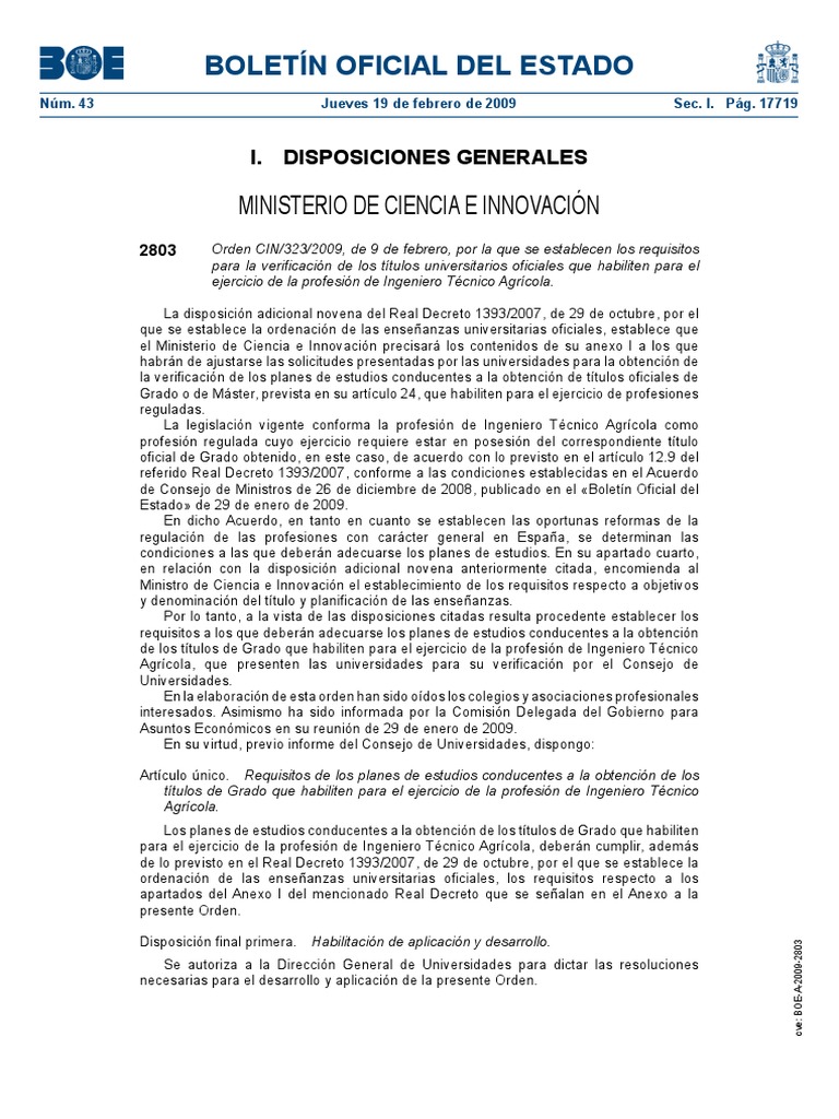 Boe A 2009 2803 | PDF | Agricultura | Licenciatura