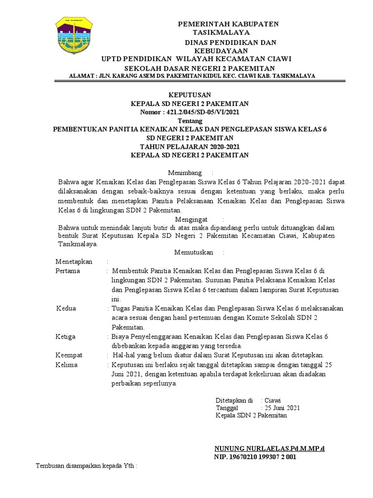 SK Pelepasan Kelas 6 Tahun 2021 | PDF