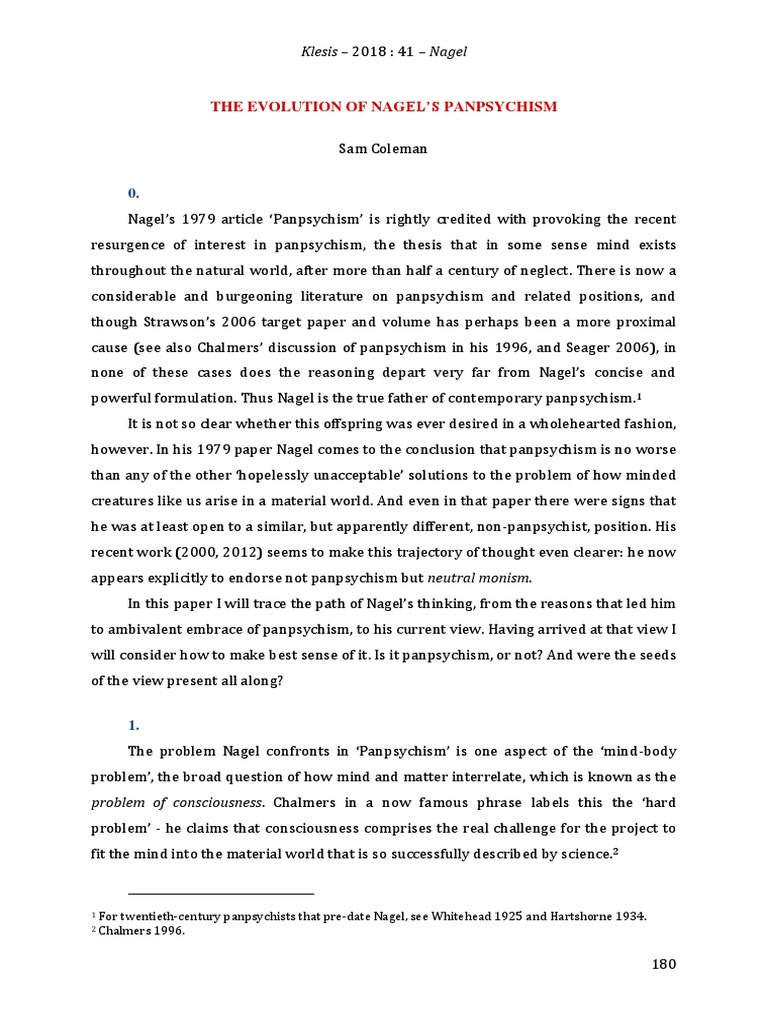 Klesis 41 Nagel 08 Sam Coleman The Evolution of Nagel S Panpsychism | PDF | Consciousness | Matter