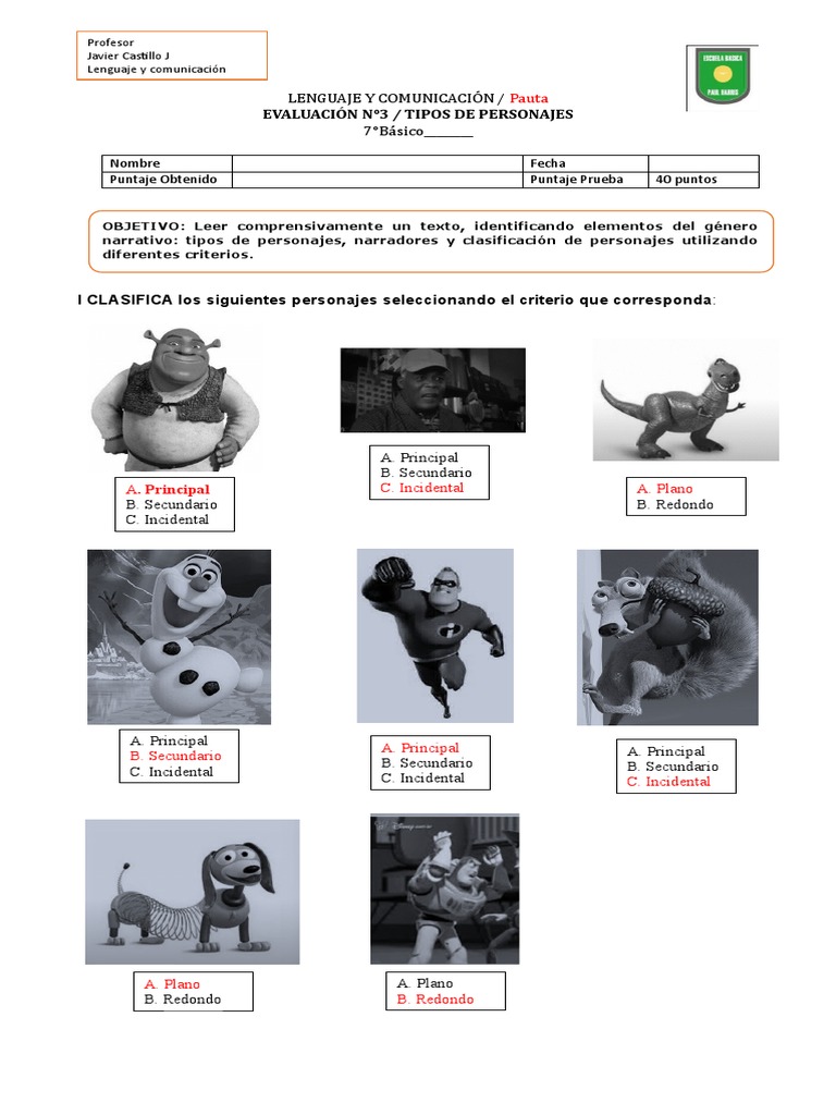 Evaluacion N°3 Tipos de Personajes | PDF