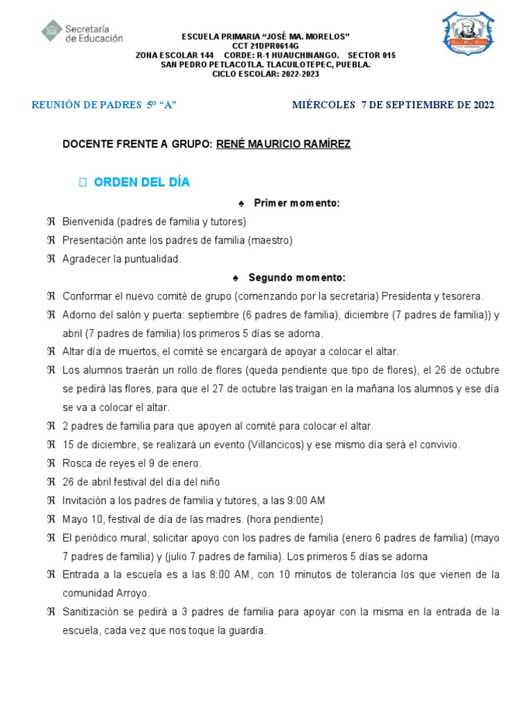 Primera Reunión de Padres 5° "A" 2022 | PDF | Cocina, comidas y vino ...