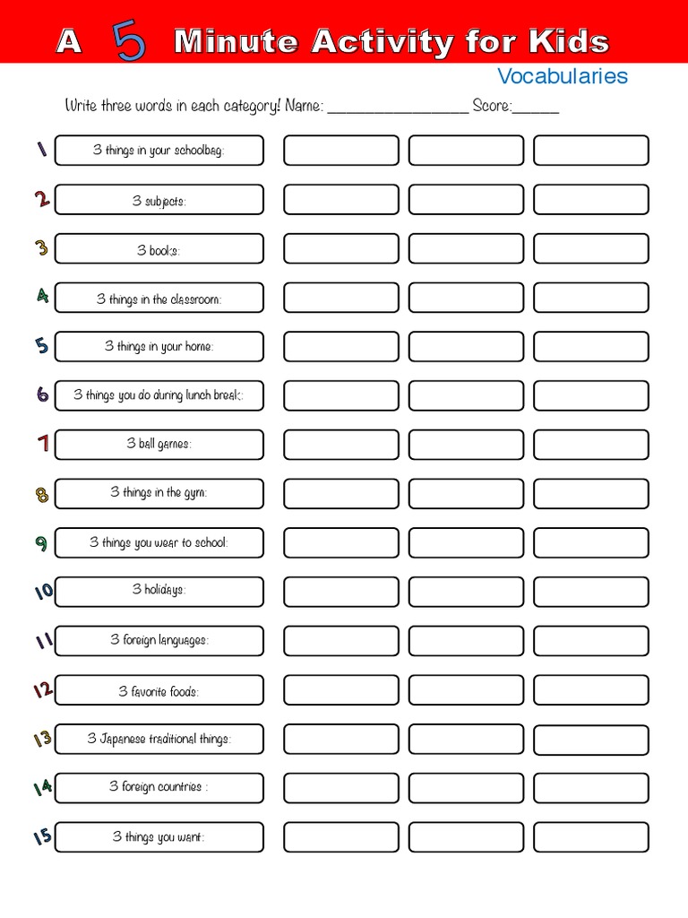 Vocab Sheet 5minute Activity For Kids School Fun Activities Games Games ...