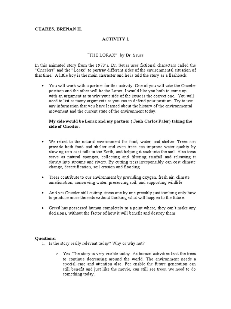 ACTIVITY 1 - The Lorax | PDF | Natural Environment | Earth Sciences