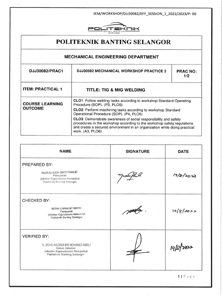 DJJ30082 Worksheet TIG MIG Welding | PDF