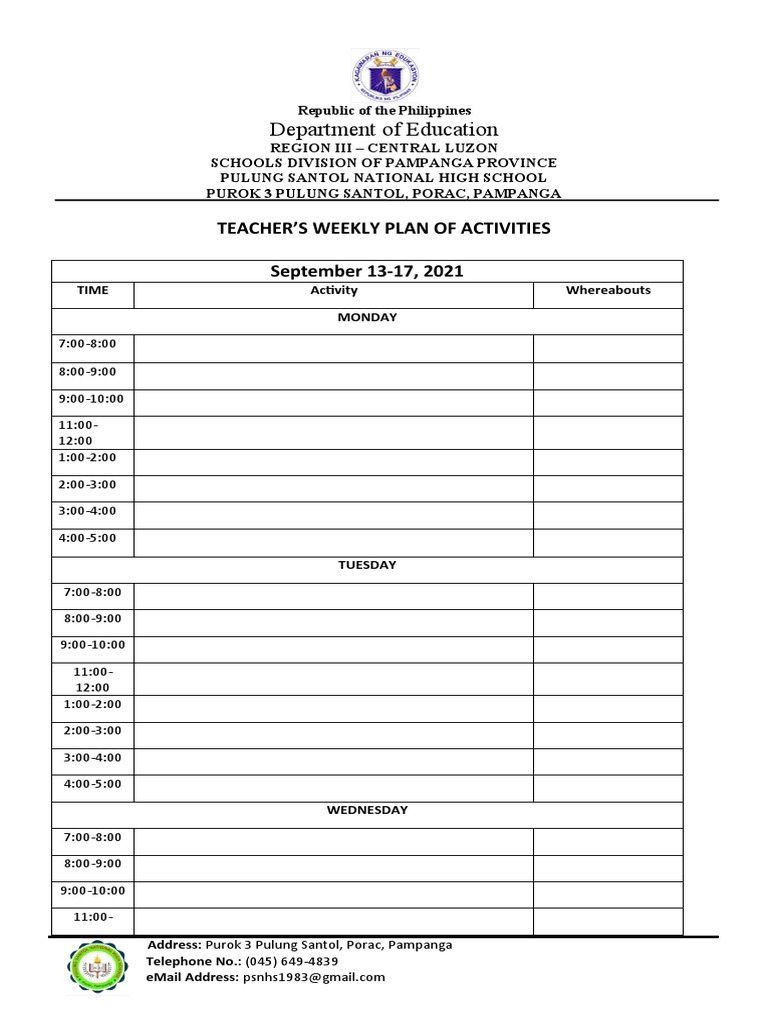 Weekly Plan Template 1 | PDF