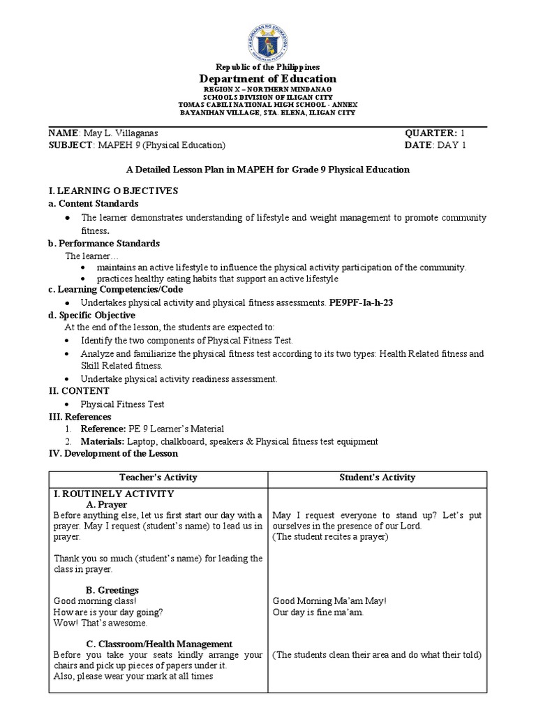 DLP - PE 9 - Day 1 | PDF | Physical Fitness | Balance (Ability)