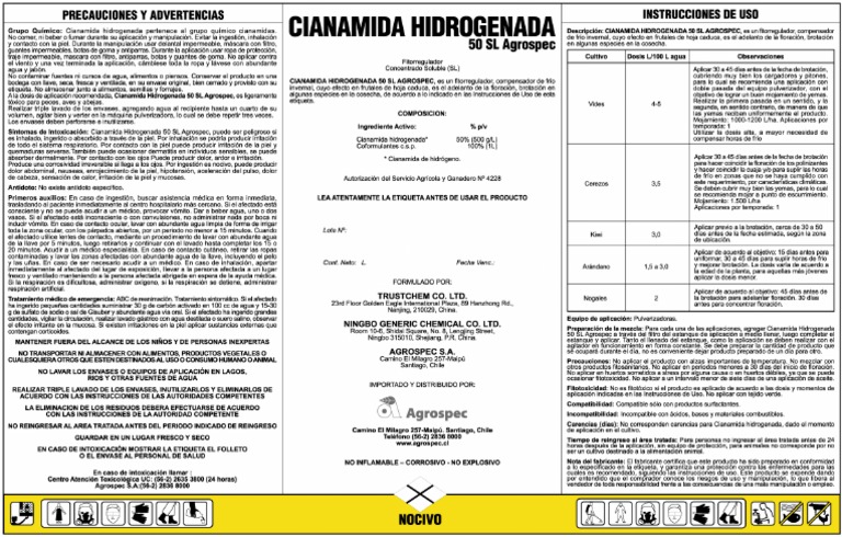 Cianamida Hidrogenada 50 SL Agrospec Etiqueta | PDF