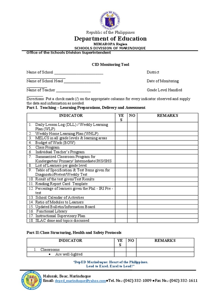 DepEd Marinduque CID Monitoring Tool | PDF | Learning | Teachers
