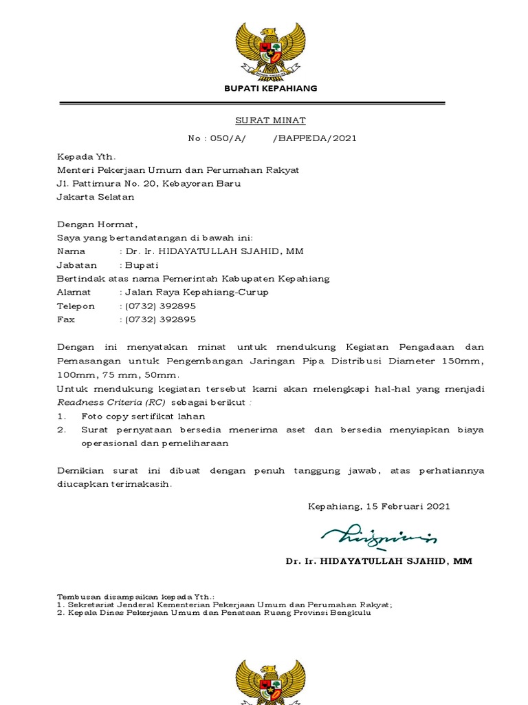 Surat Minat Bupati Pdam | PDF