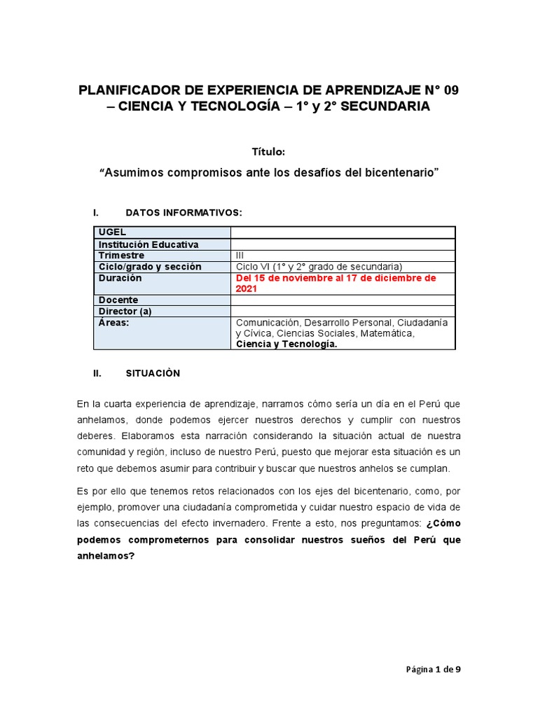 EXPERIENCIA DE APRENDIZAJE #09 - CYT - 1° y 2° SECUNDARIA | Descargar gratis PDF | Evaluación ...