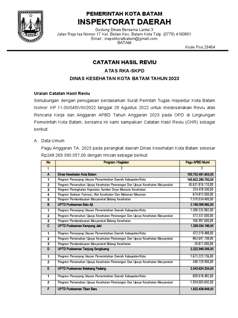 Draft CHR REVIU RKA MURNI - Dinas Kesehatan - Rev Katim | PDF