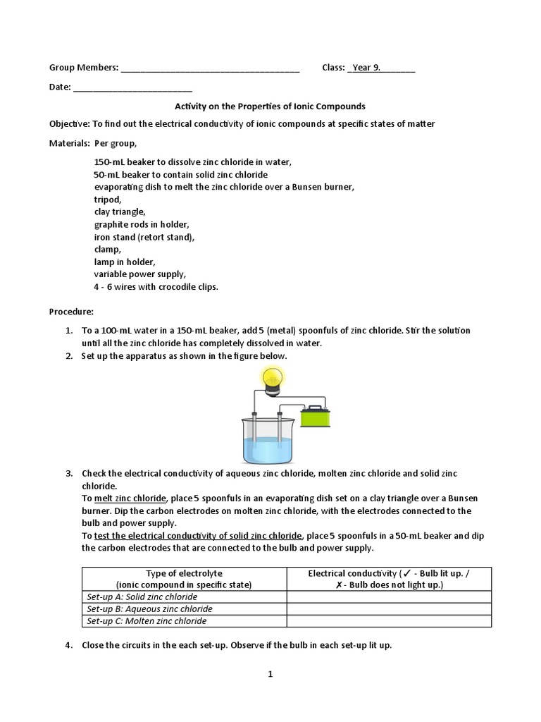 Group Activity On Electrical Conductivity of Ionic Compounds | PDF